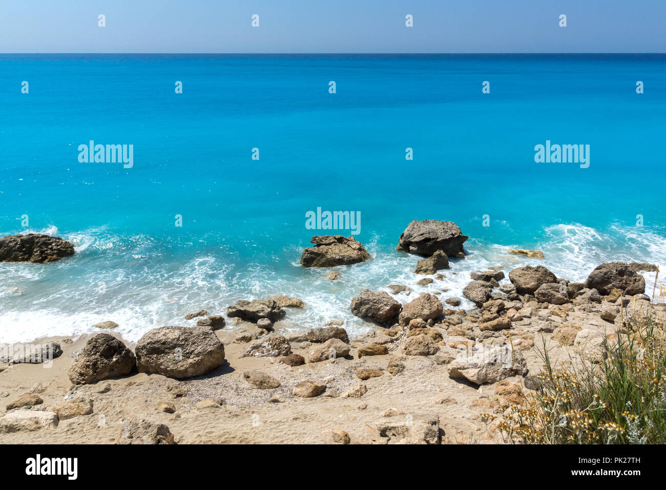 Amazing landscape of blue waters of Megali Petra Beach, Lefkada, Ionian ...