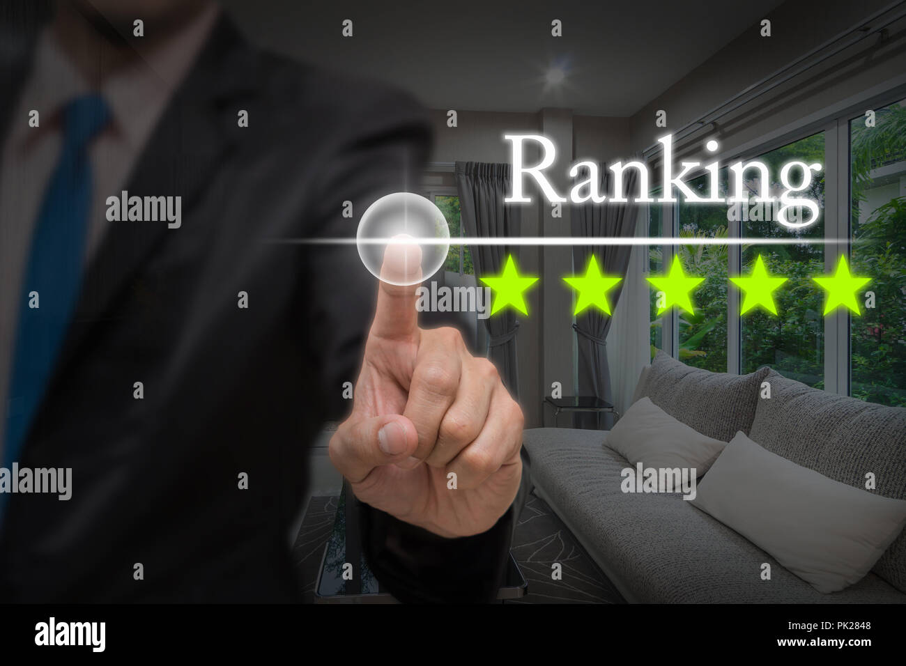 Businessman pointing five star button to increase ranking of Luxury ... Businessman pointing five star button to increase ranking of Luxury ...