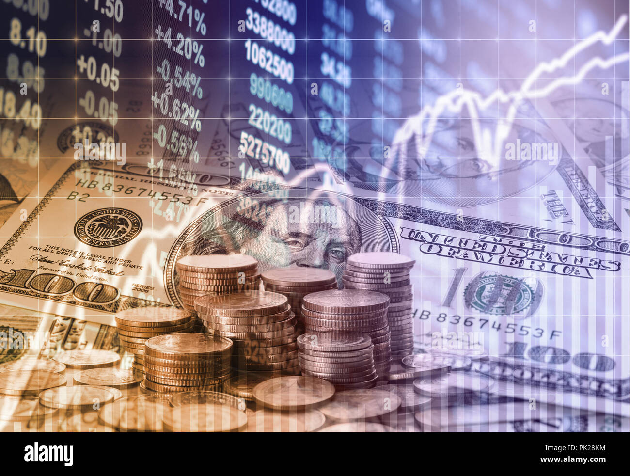 Stack of coins and american dollars money over the LED display Stock ...
