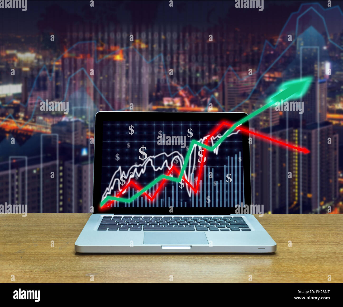Stock exchange market trading graph over the screen of computer laptop ...