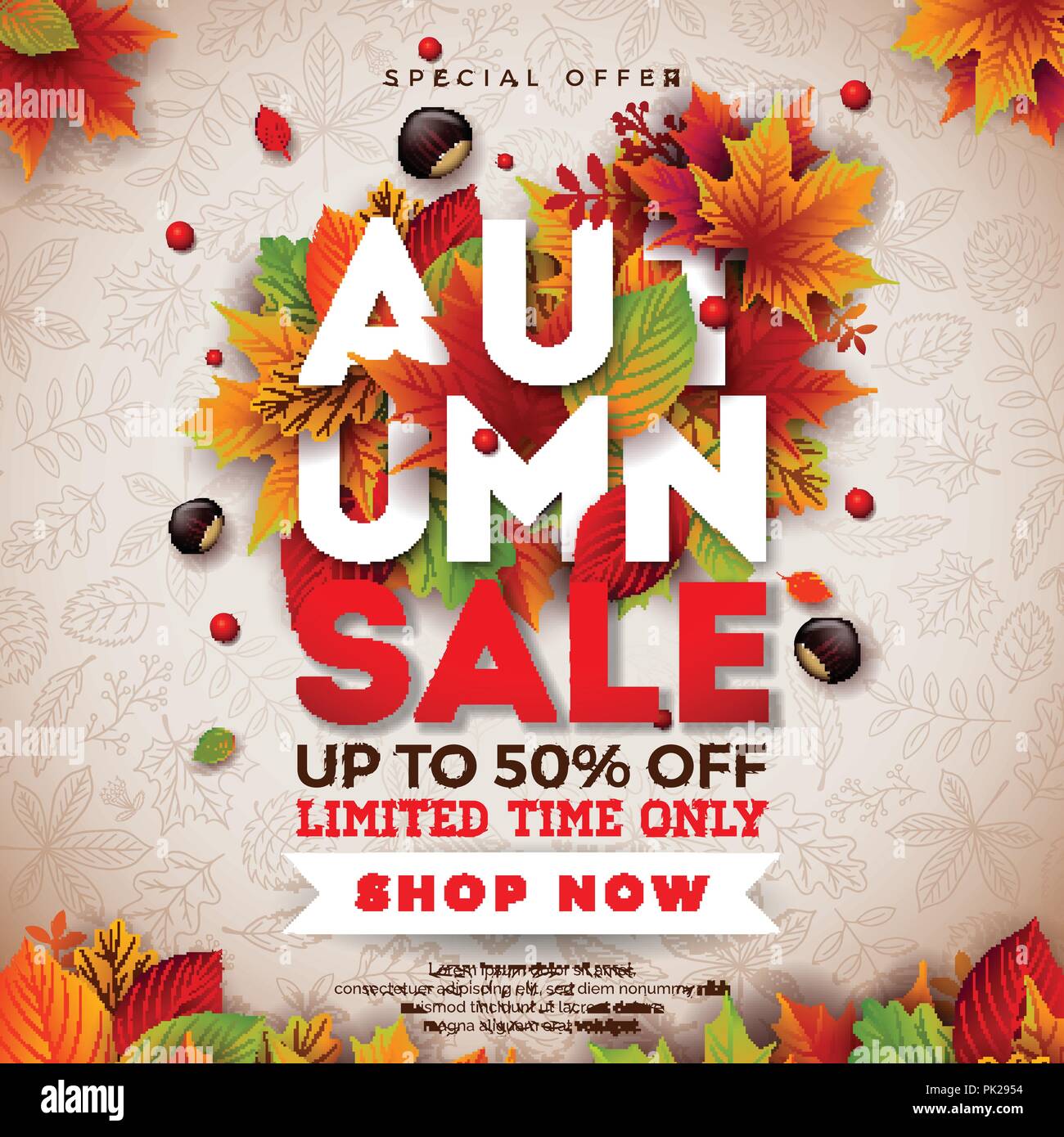 Autumn Sale Design with Falling Leaves and Lettering on Light ...