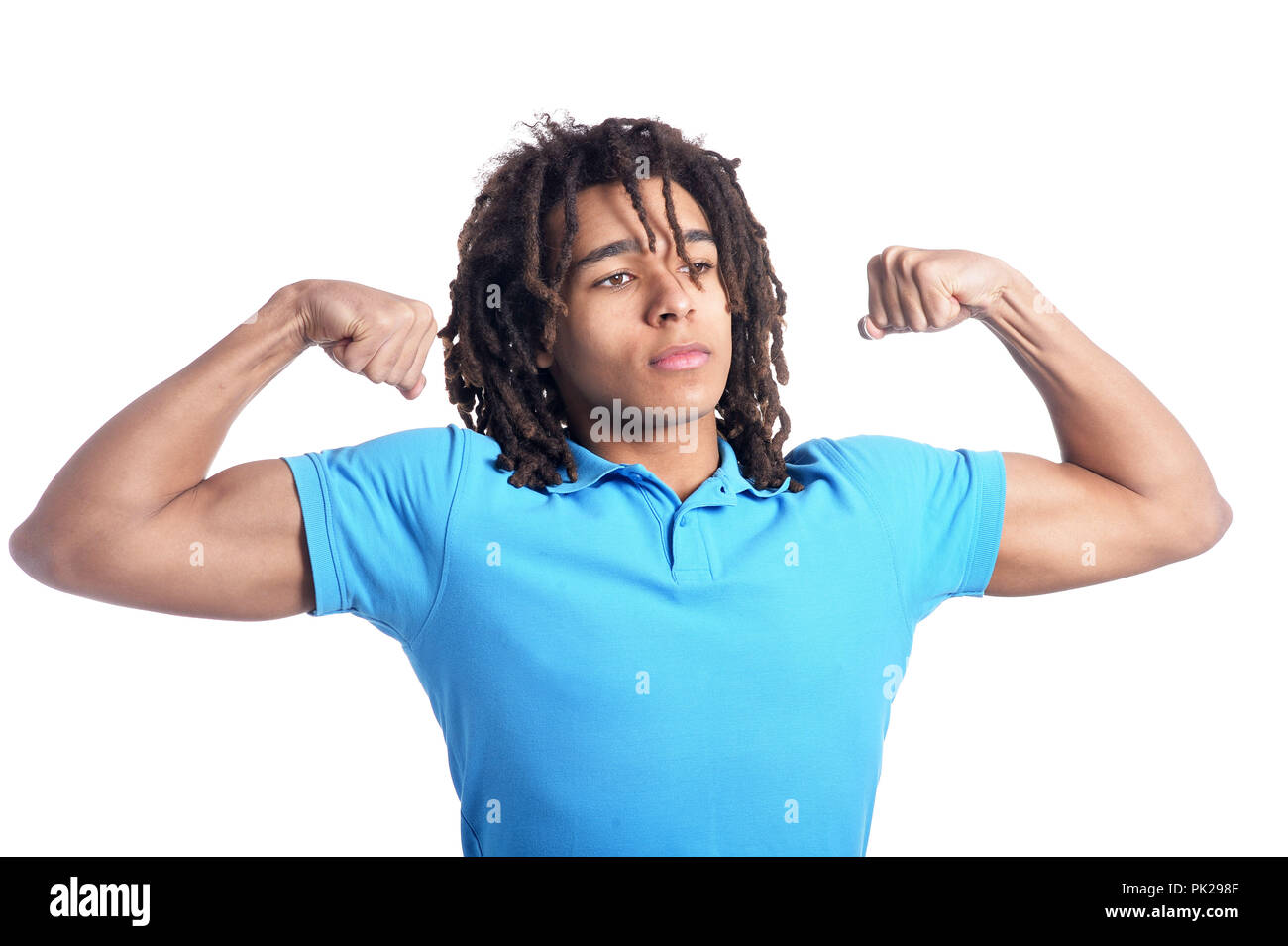 handsome young man pointing on white background Stock Photo - Alamy
