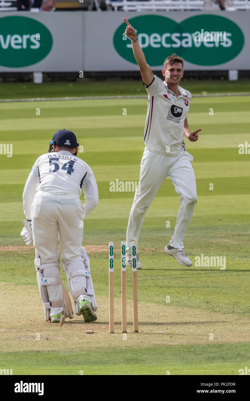 London, UK.10 September, 2018. Harry Podmore gets the wicket Bamber ...