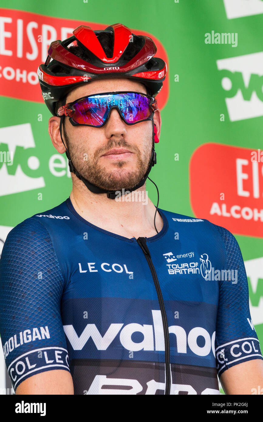 London, UK. 9th September, 2018. BMC Racing Team's Patrick Bevin is ...