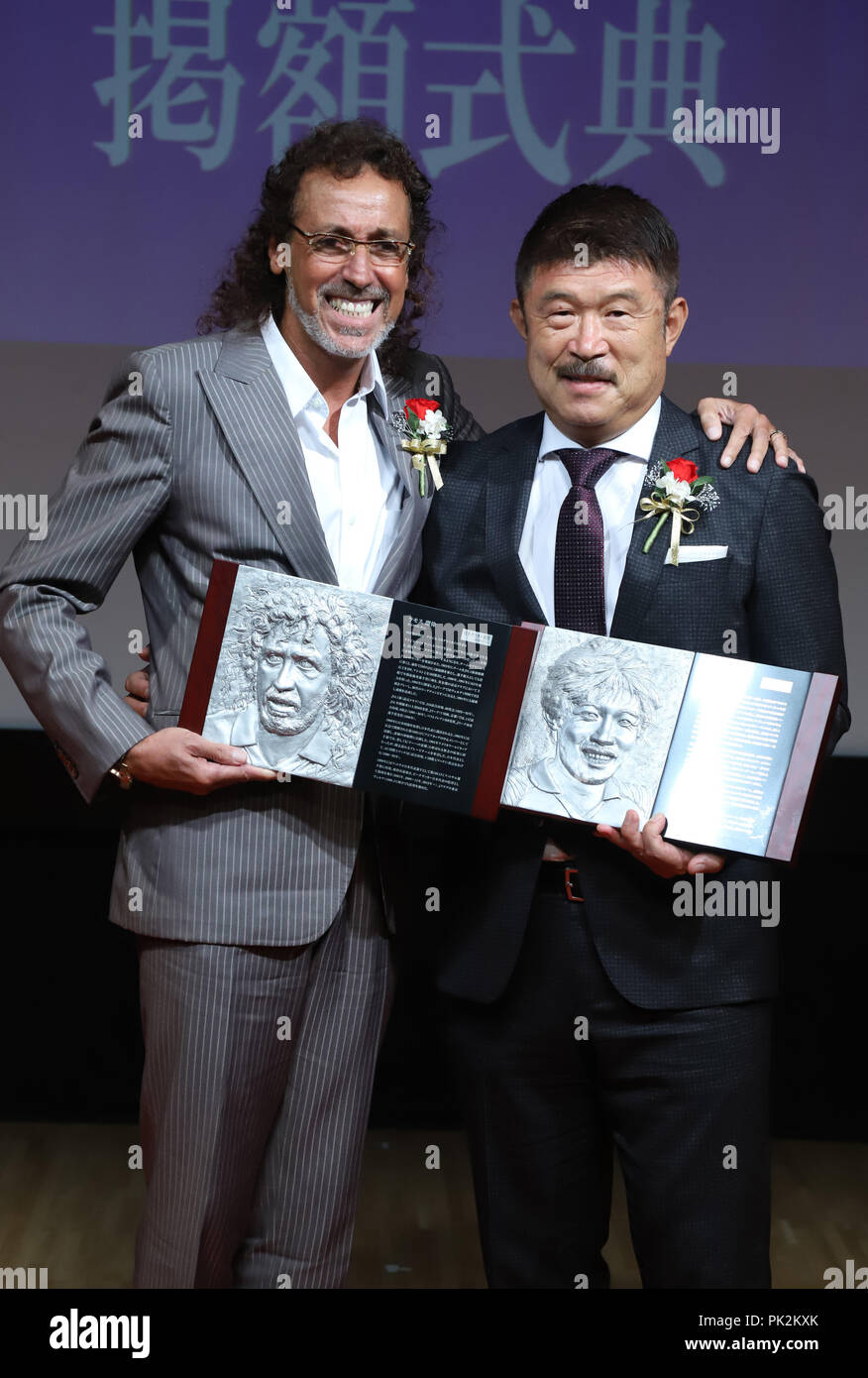 Tokyo, Japan. 10th Sep, 2018. Japanese legendary football players Hisashi Kato (R) and Ruy Ramos ...
