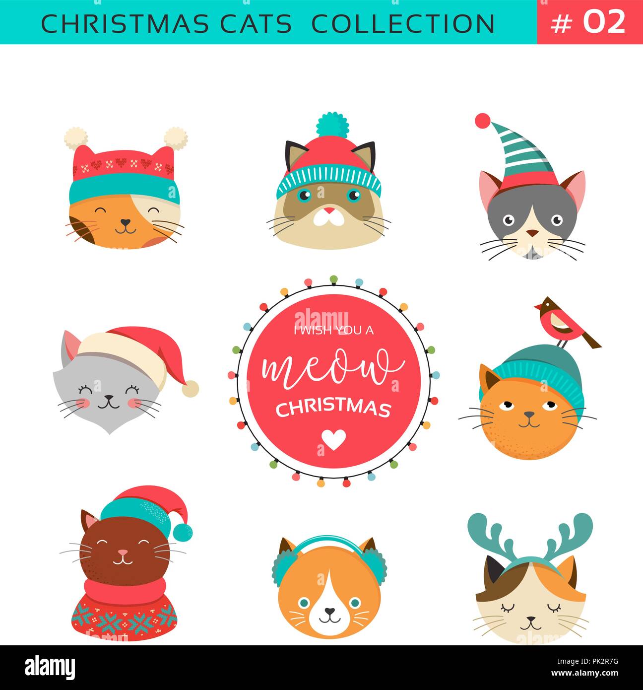 Merry Christmas greetings with cute cats characters, vector collection ...