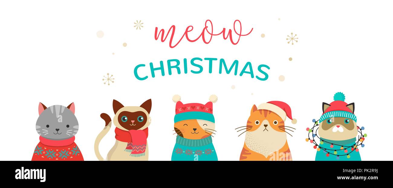 Merry Christmas greeting card and banner with cute cats characters ...