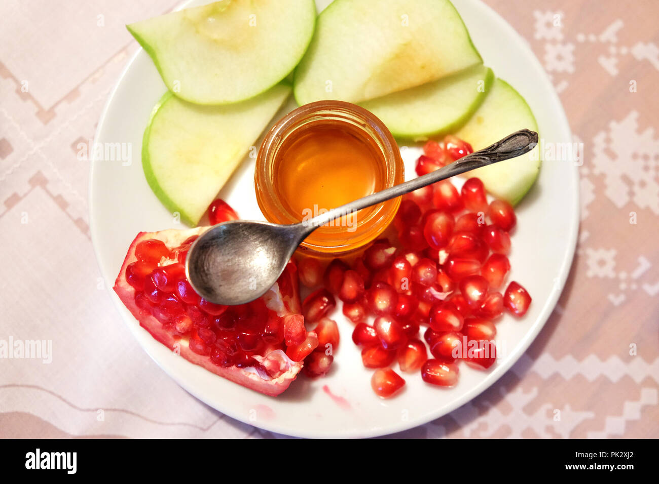 Top view of Rosh Hashanah plate- jewish new year symbols honey and ...