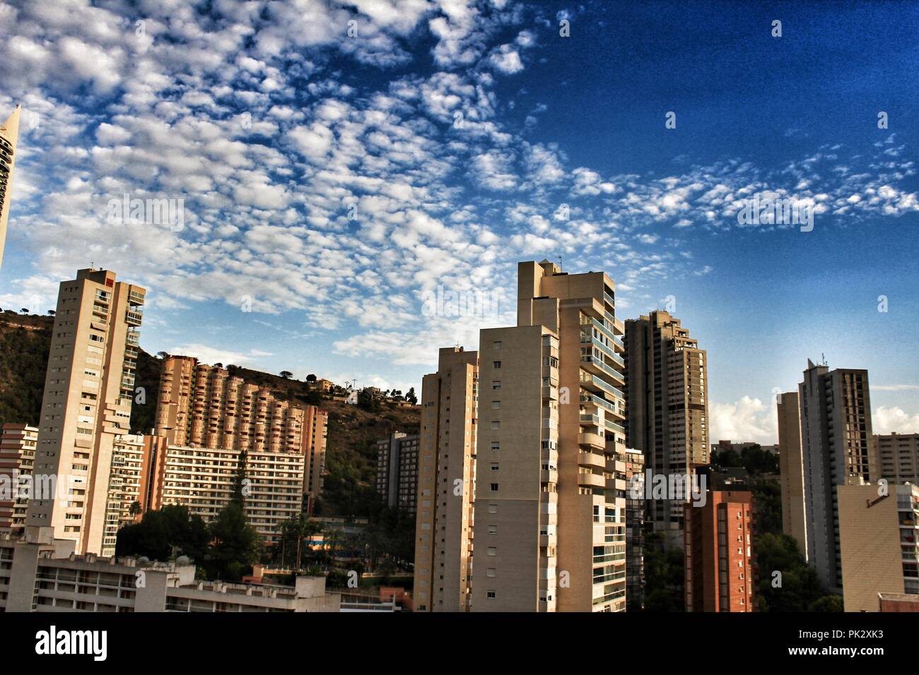 Benidorm city panoramic view one summer day at sunset. Skyscrapers ...
