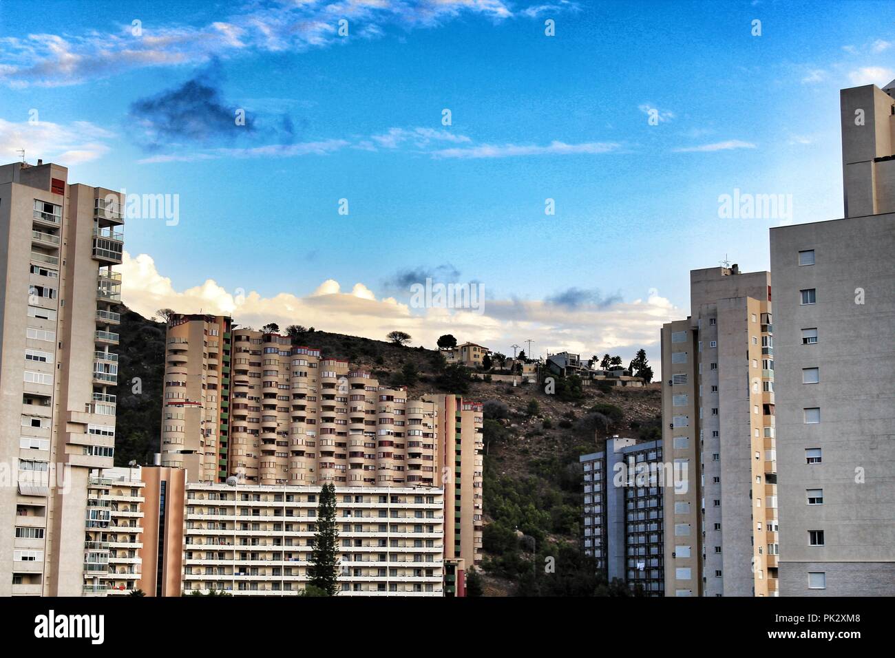 Benidorm city panoramic view one summer day at sunset. Skyscrapers ...