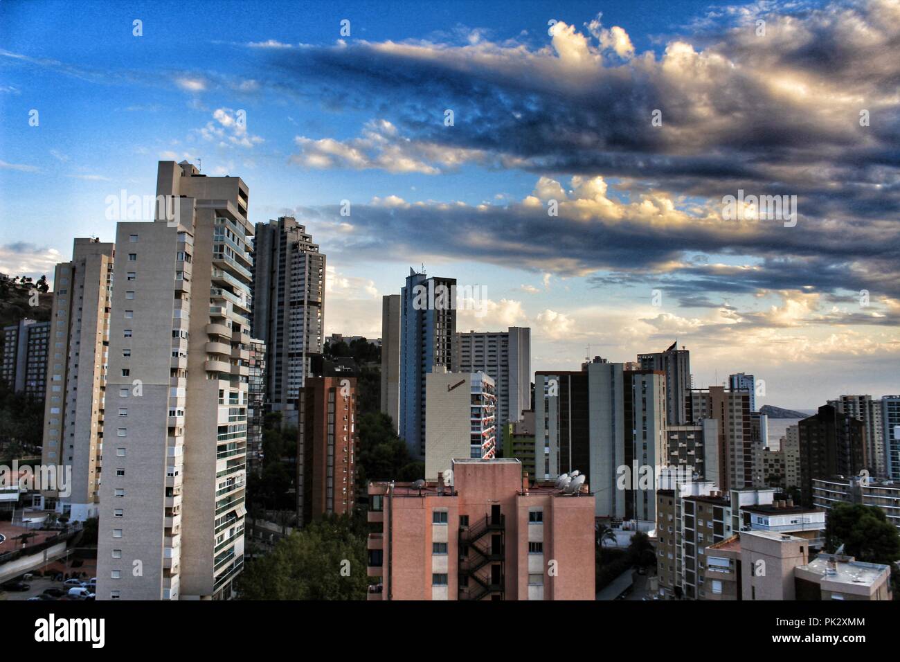 Benidorm city panoramic view one summer day at sunset. Skyscrapers ...
