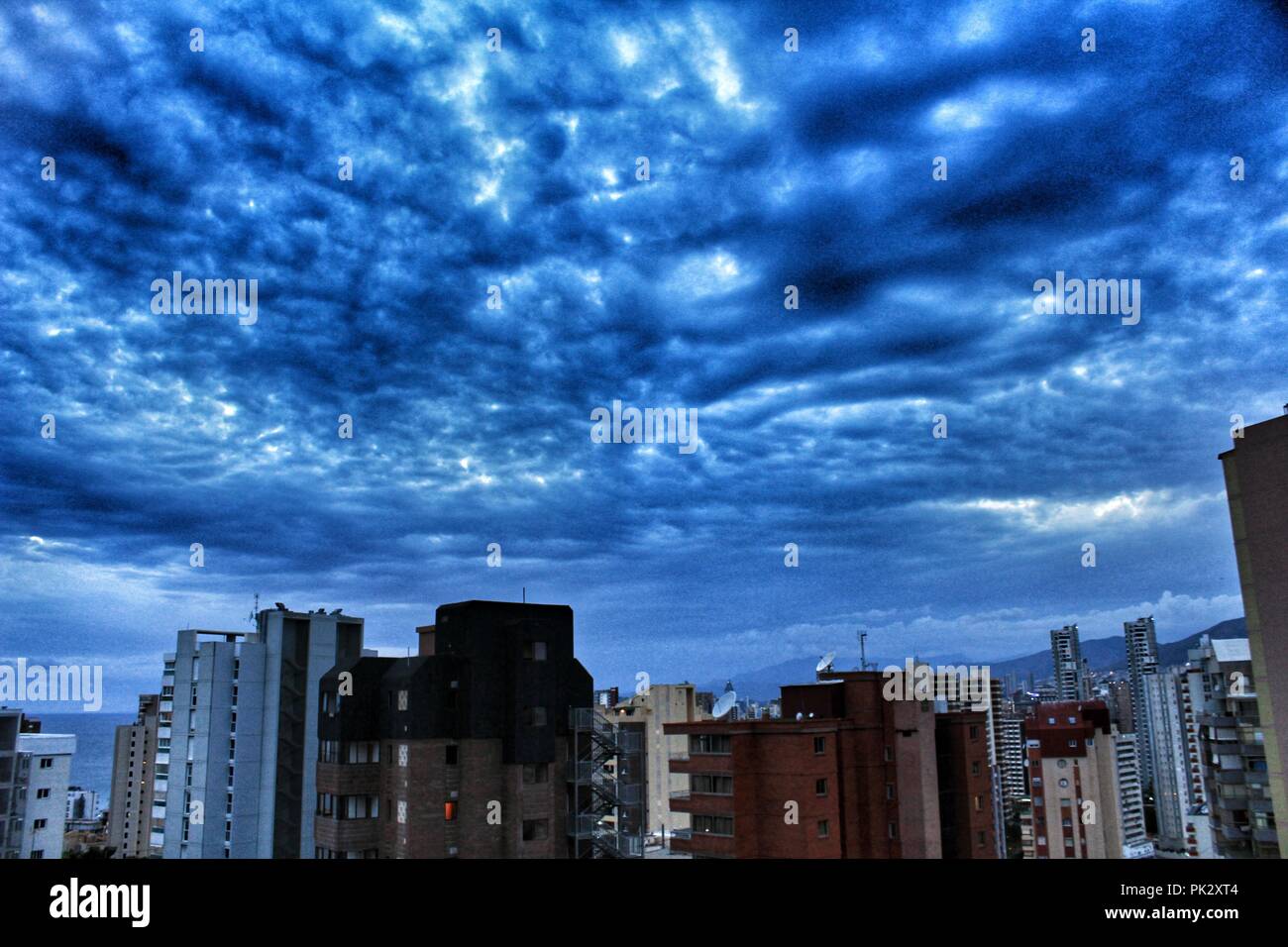 Benidorm city panoramic view one summer day at sunset. Skyscrapers ...