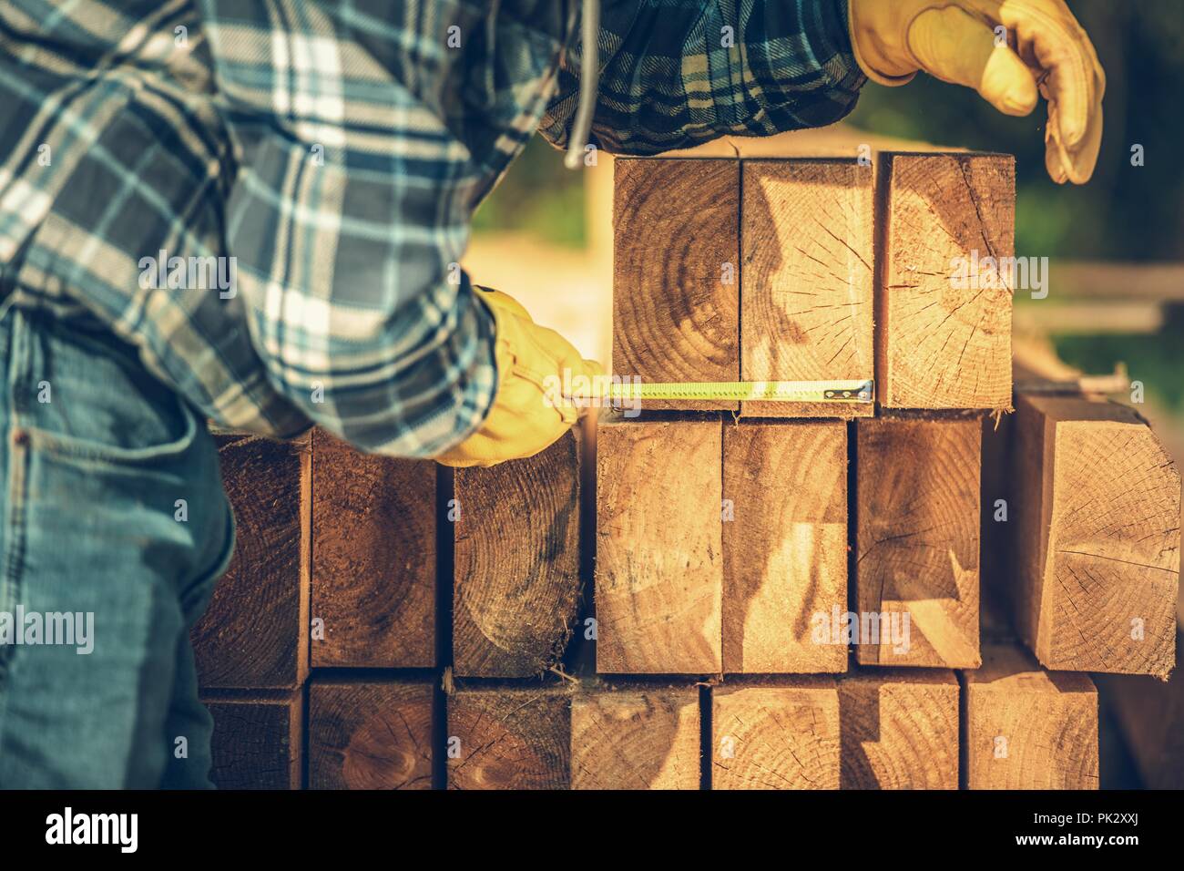 Building Wood Beams Measuring by Carpenter Contractor. Closeup Photo ...