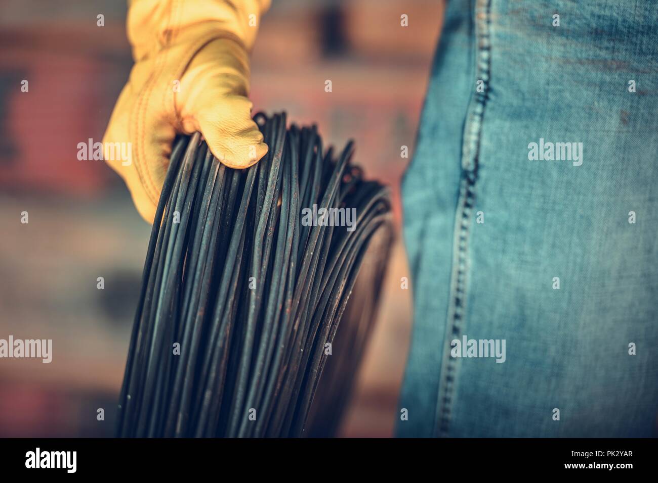 Steel Wires in Construction Worker Hand. Closeup Photo. Construction ...