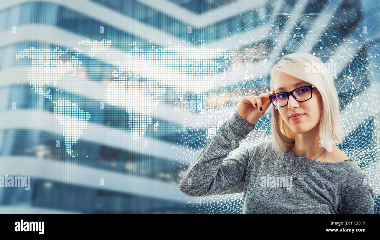 Business Woman Wearing Glasses Over Digital Screen Interface Modern