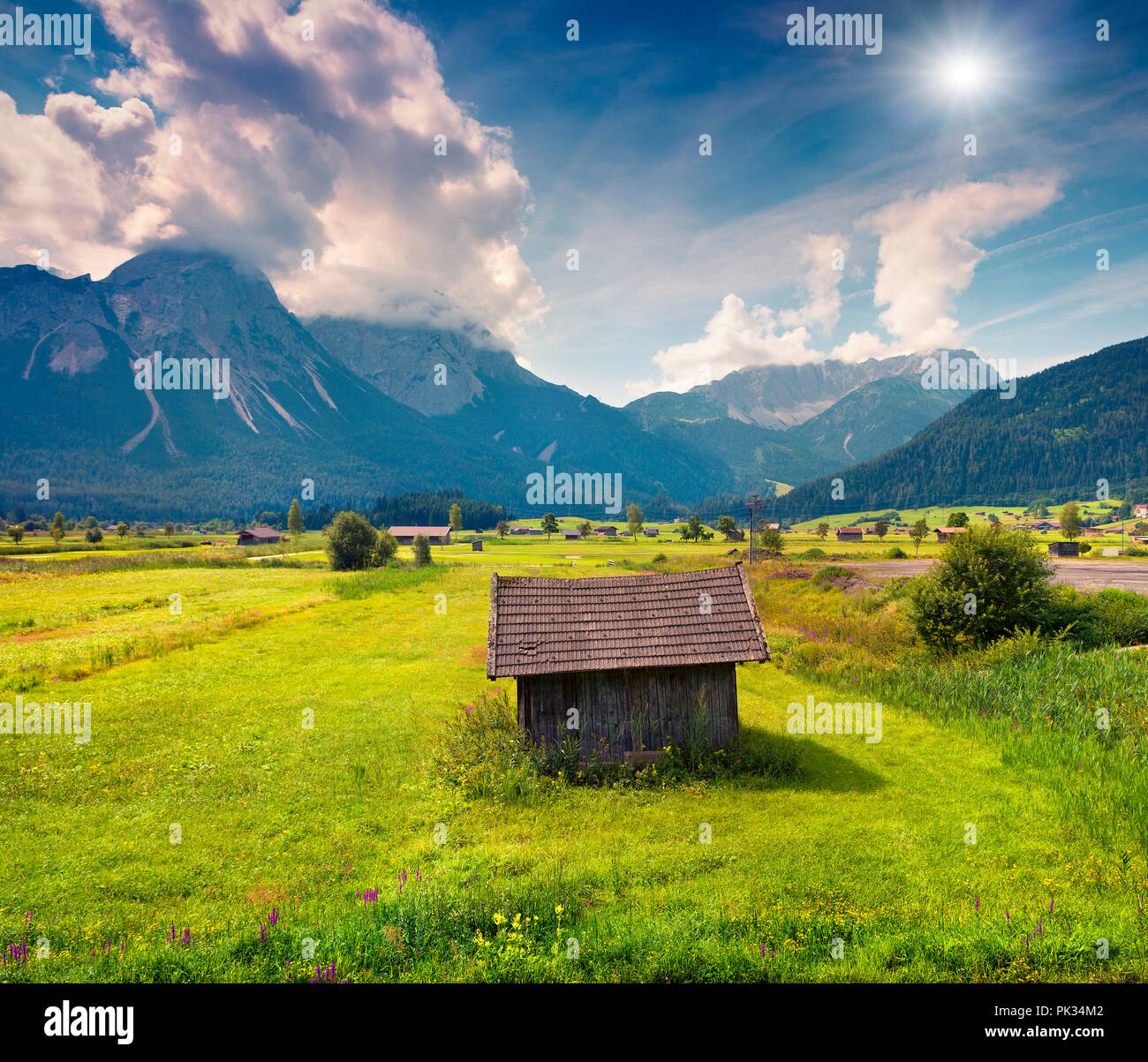 Colorful summer morning on the Golf club Zugspitze near the Lermoos ...