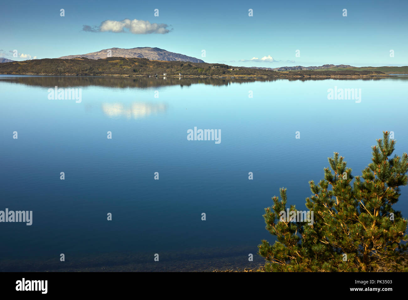 From Arduaine Gardens Viewpoint. West, across a flat calm Loch Melfort ...