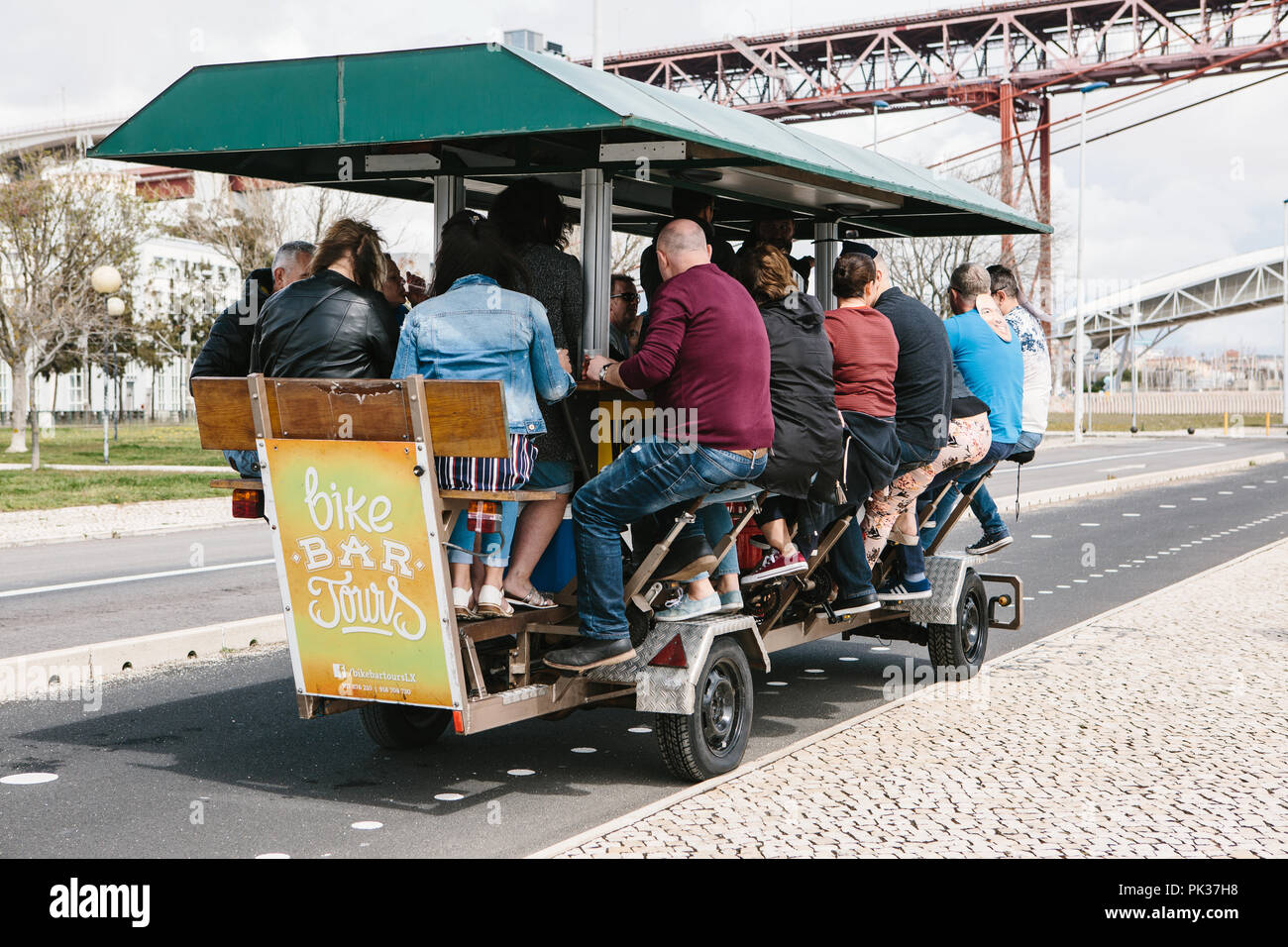 Lisbon, 01 May 2018: Entertainment for tourists is a bike bar tour ...