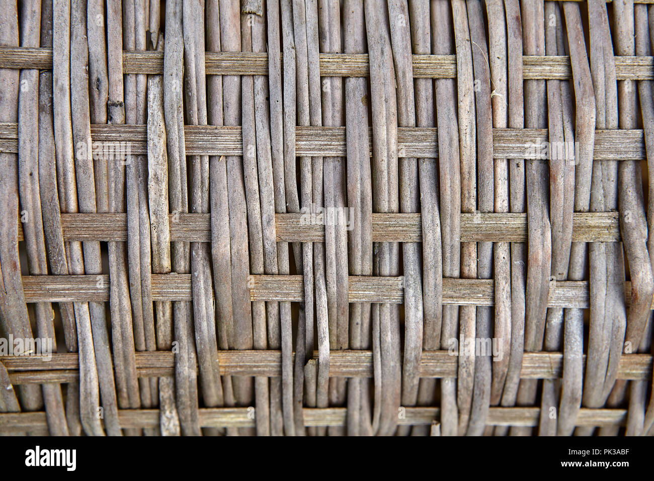 Close-up surface of an aged wicker basket made from willow twigs, side ...