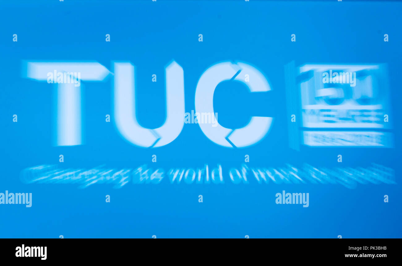 A zoom burst photograph of a TUC sign during the TUC Congress in ...