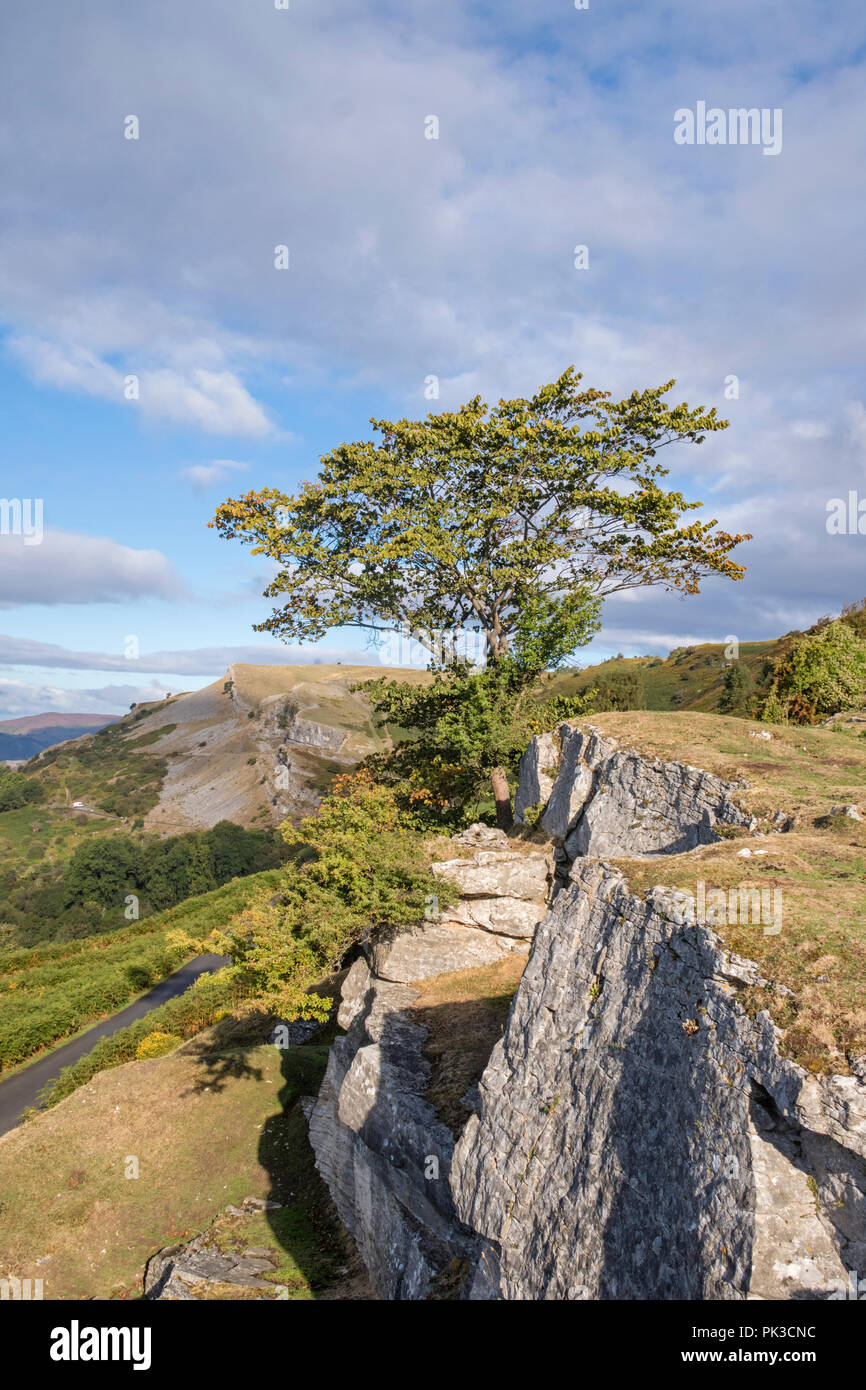 The limestone cliffs of Eglwyseg Mountain above the Vale of Llangollen ...