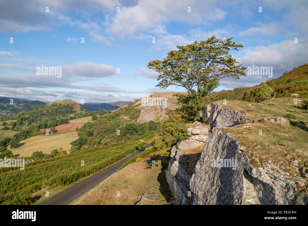 The limestone cliffs of Eglwyseg Mountain above the Vale of Llangollen ...