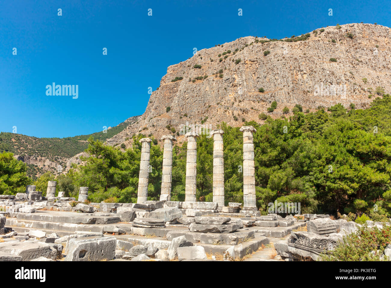Ruins of the Athena Temple in ancient city of Priene destroyed by an ...