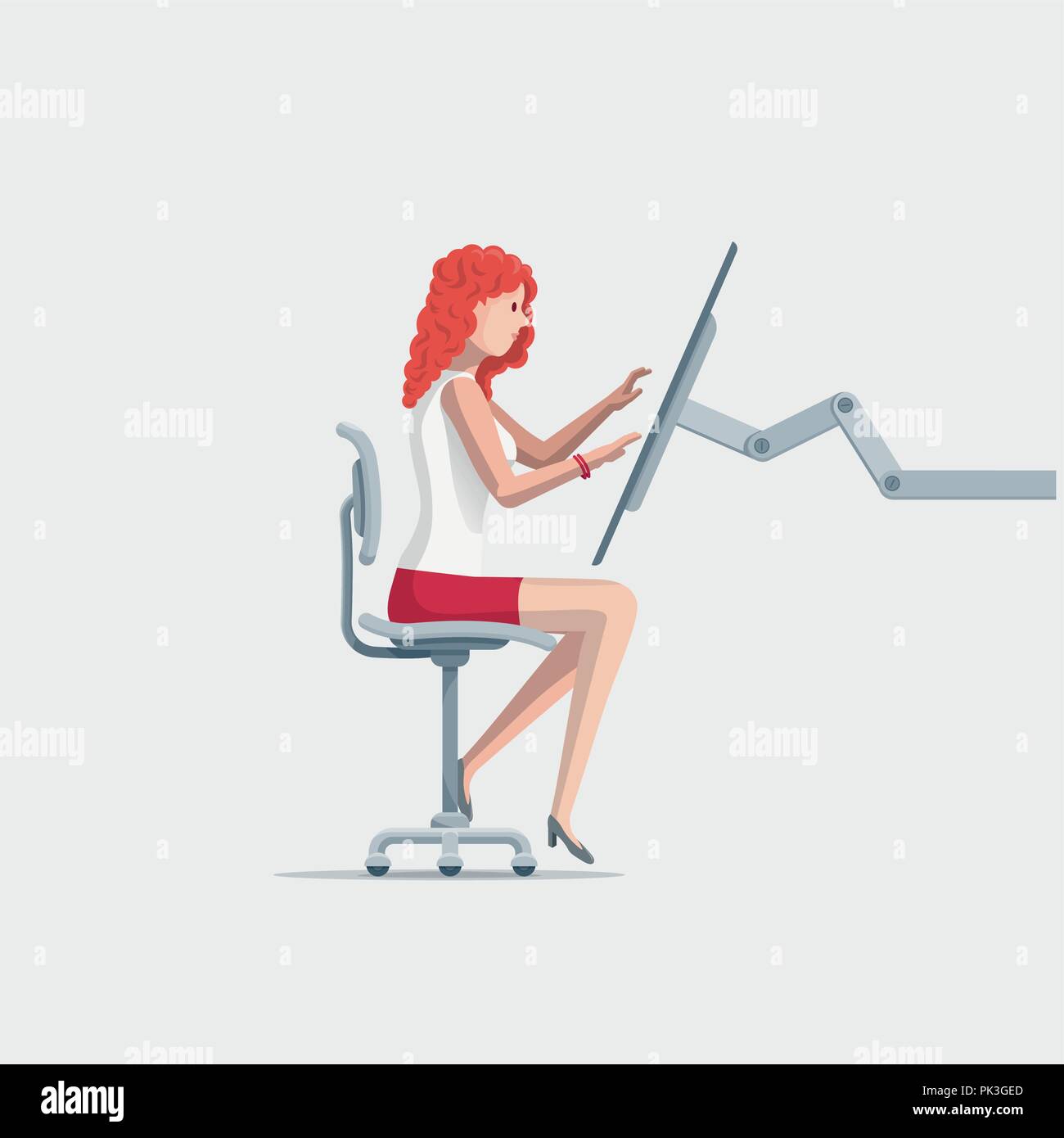 Beautiful girl is sitting on modern office chair and working big touch ...