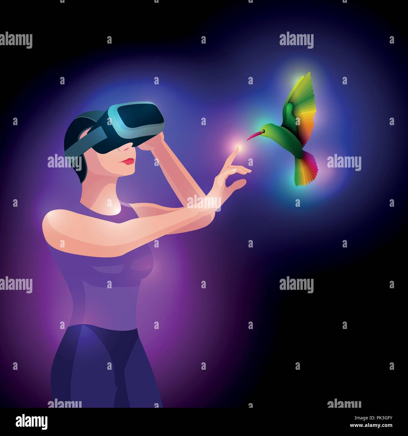 Woman experiencing virtual reality and touching virtual bird. Vector ...