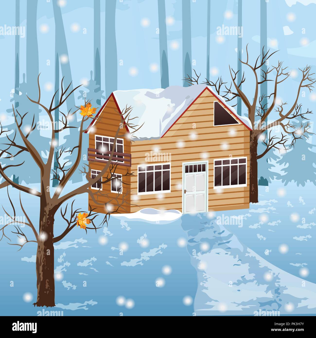 Wood house at winter season Vector. Snowing background Stock Vector ...