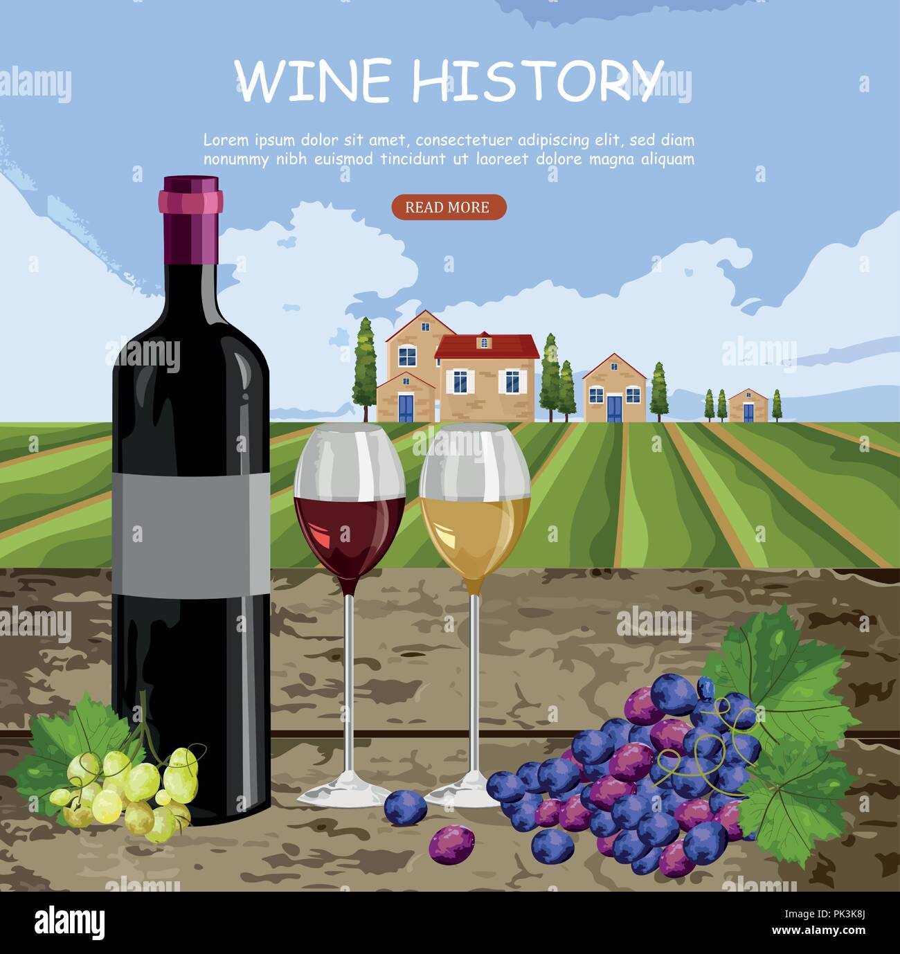 Wine history card with full glasses and bottle Vector. Vineyard ...