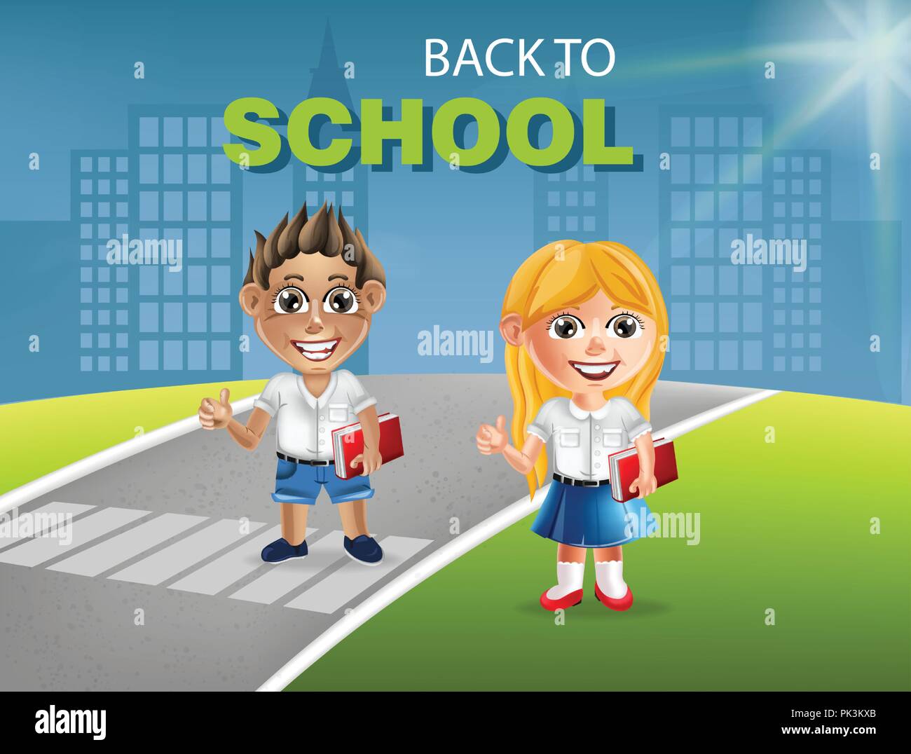Happy school little girl and boy Vector. Cartoon character detailed ...