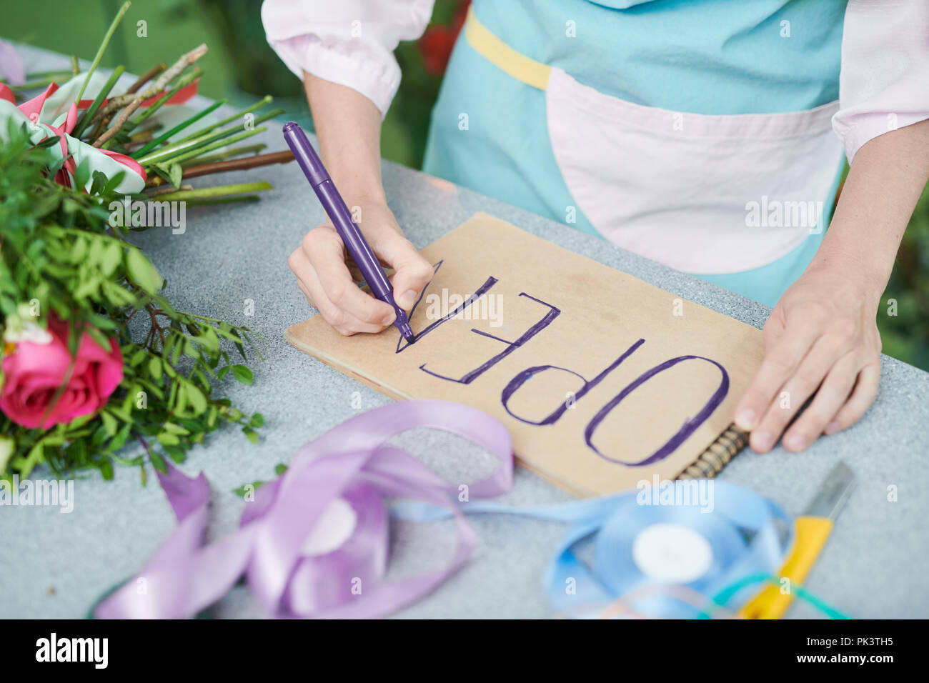 Shopkeeper Drawing OPEN Sign Stock Photo - Alamy