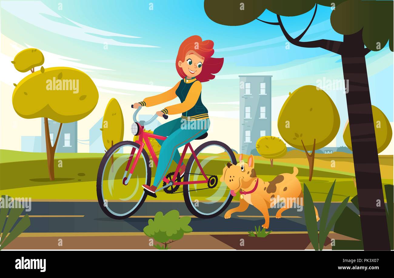 Vector cartoon illustration of young redhead woman riding bicycle in a ...