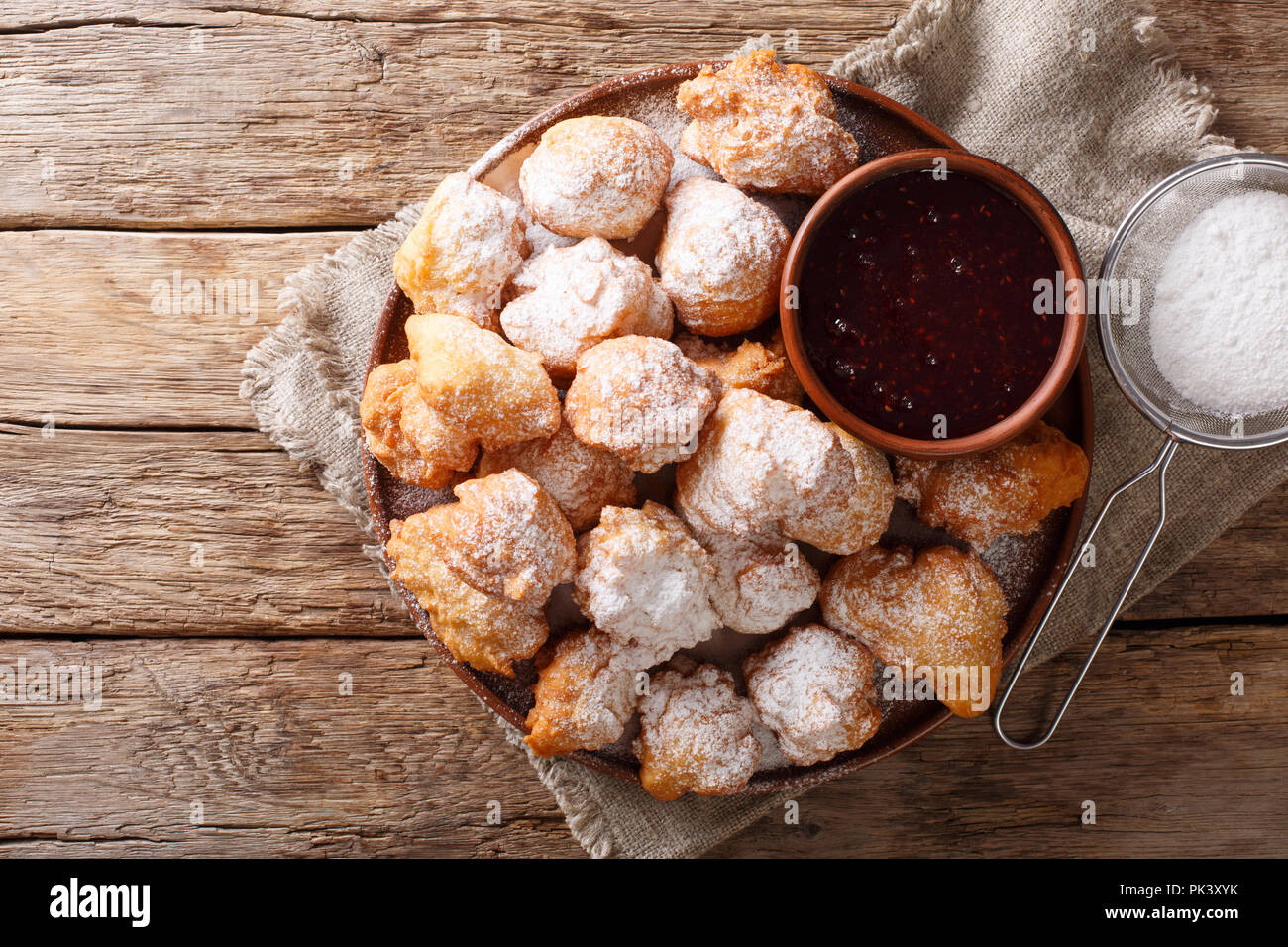 Albanian traditional food: fried dough petulla with raspberry jam and ...