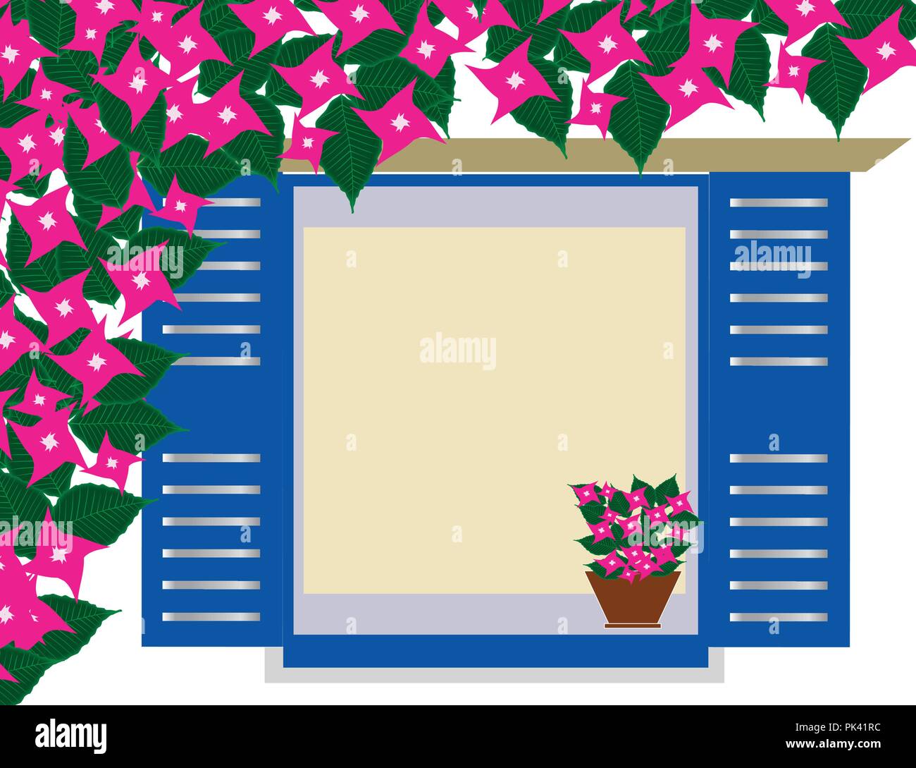 traditional greek blue window with bougainvillea flowers - Cyclades ...