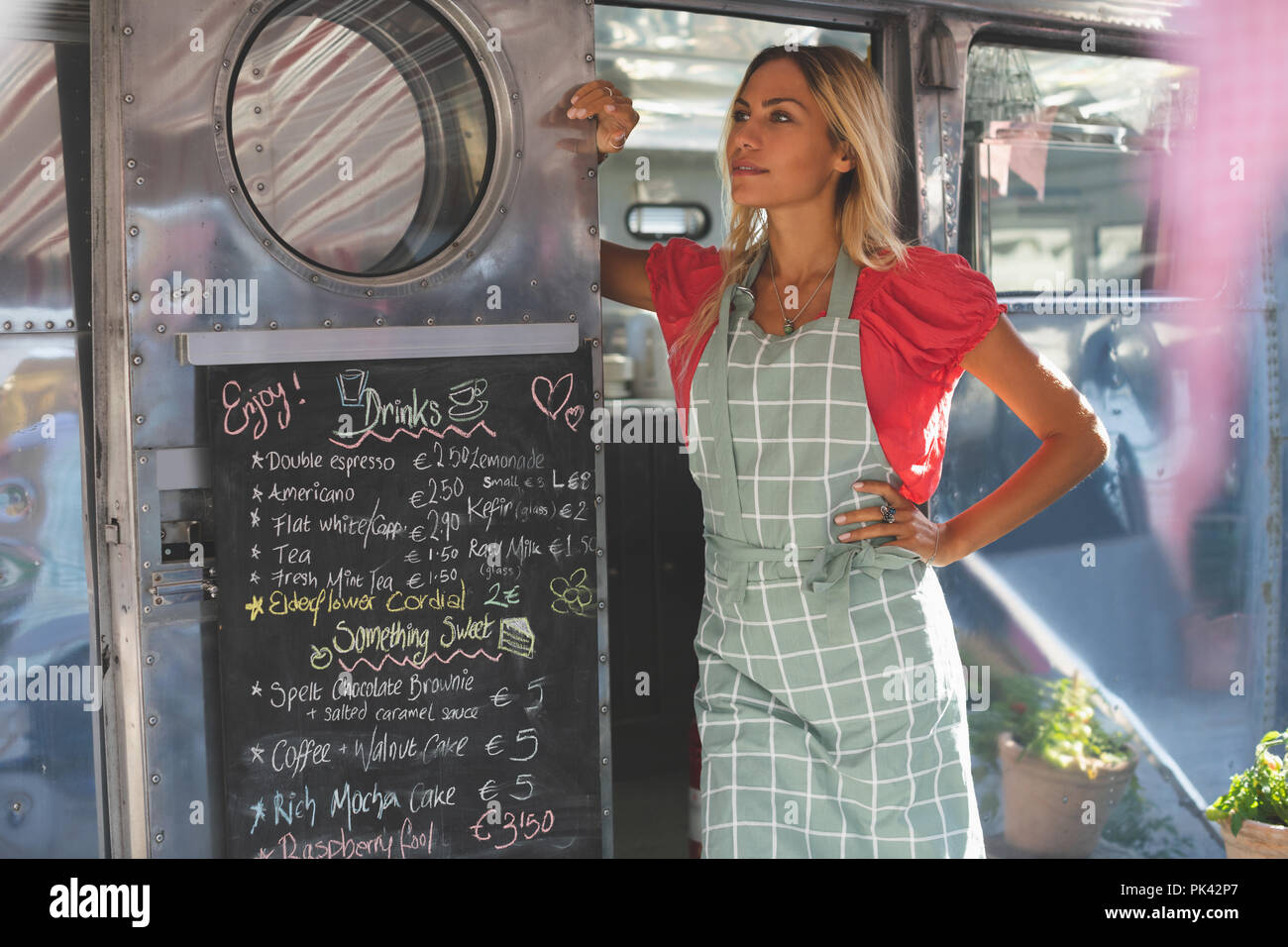 Female waitress standing in food truck Stock Photo - Alamy