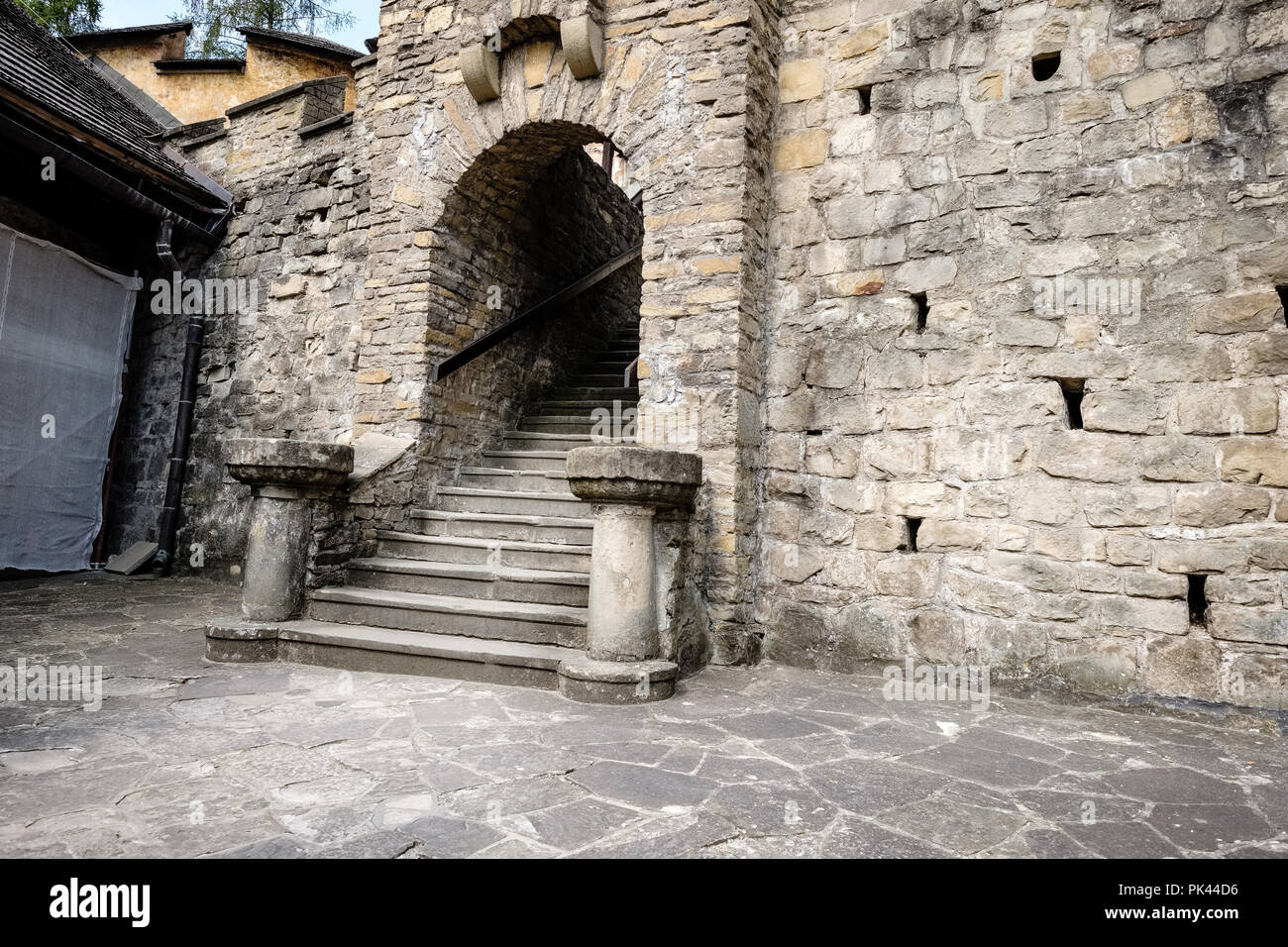 ruins of old abandoned castle on the cliff with bricks and stone ...
