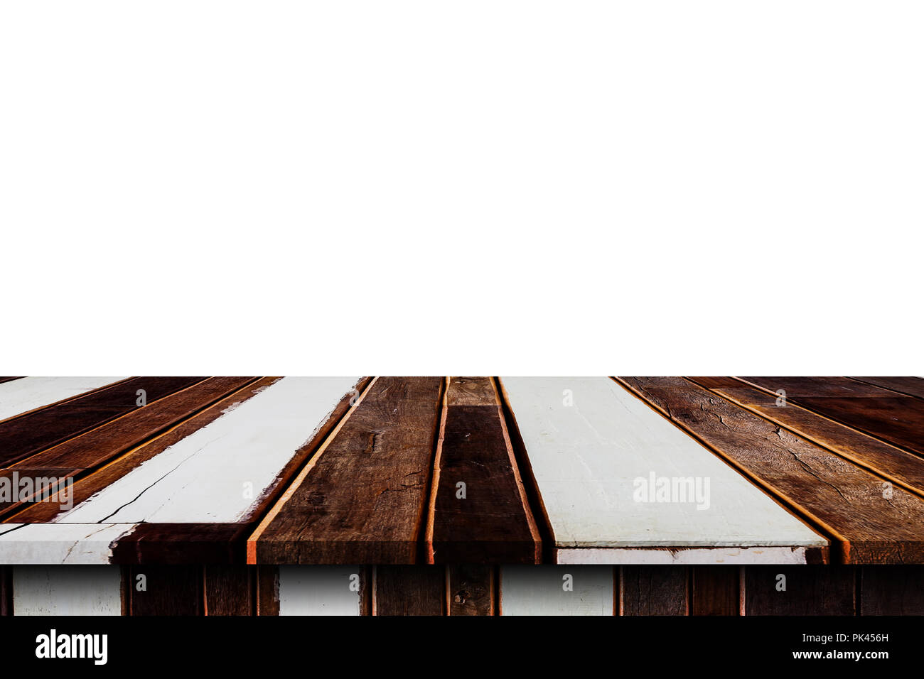 Empty wood table on isolated white background with display montage for ...