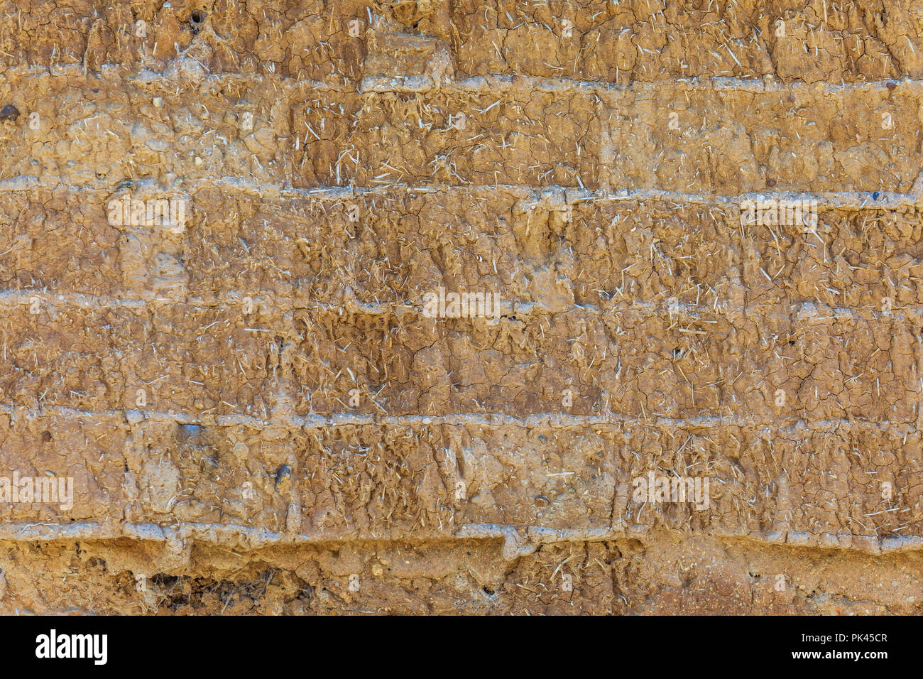 Wall of adobe, earth, mud, straw, pressed. Old, traditional and ...