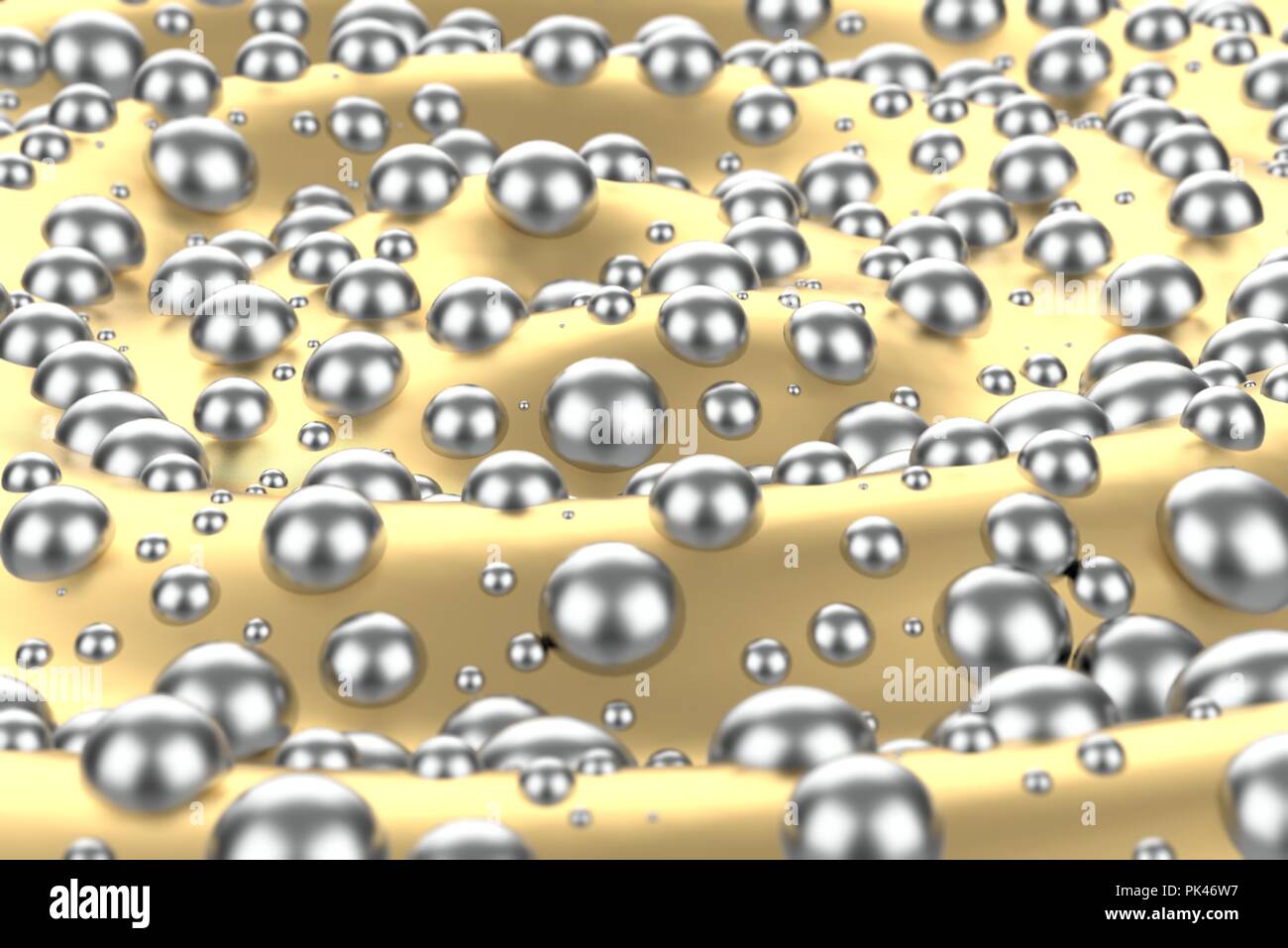 Silver or white gold platinum spheres over metal yellow wave background ...