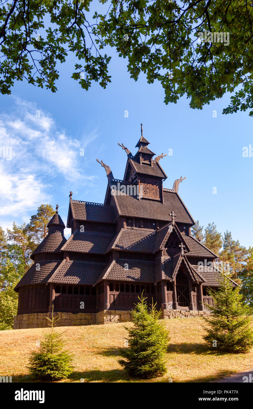 Reconstructed wooden Gol Stave Church (Gol Stavkyrkje) in Norwegian ...