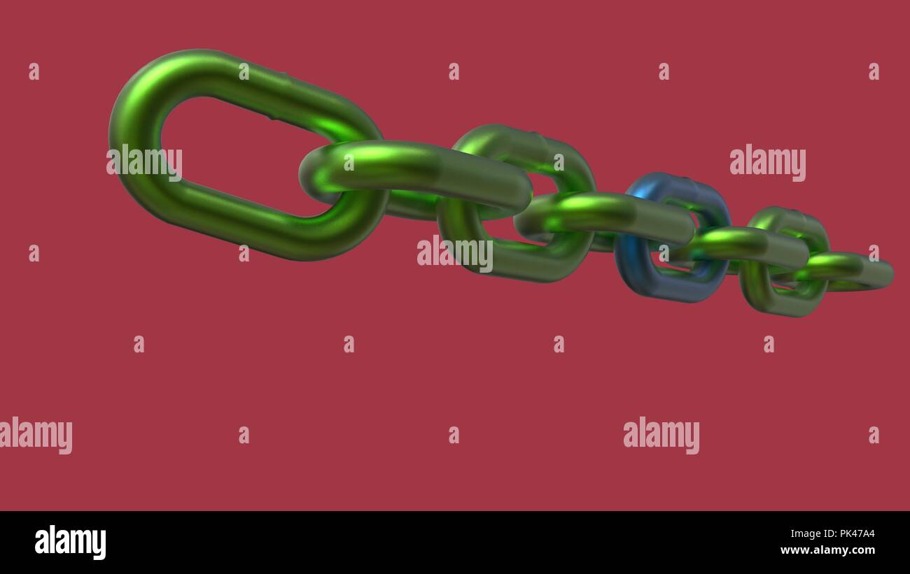 Green metal chain with blue link 3D rendering Isolated on a red ...