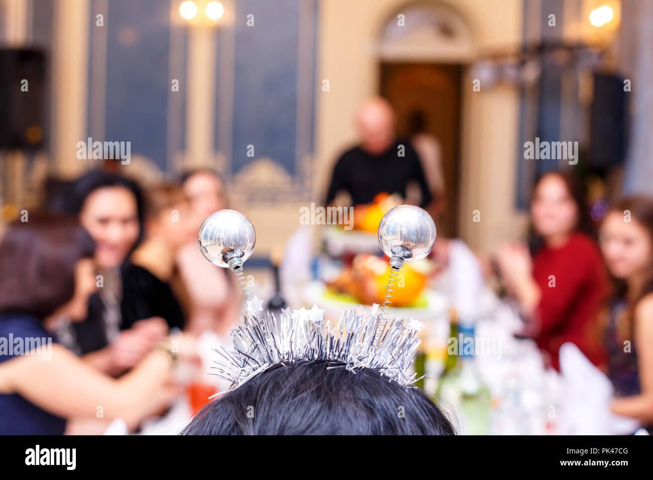 the cheerful company of friends at the festive table, soft focus Stock ...