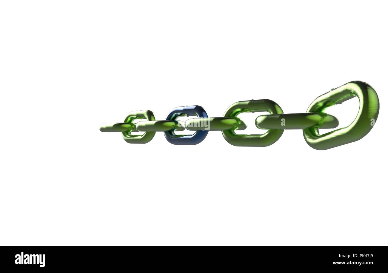 Green metal chain with blue link 3D rendering Isolated on a white ...