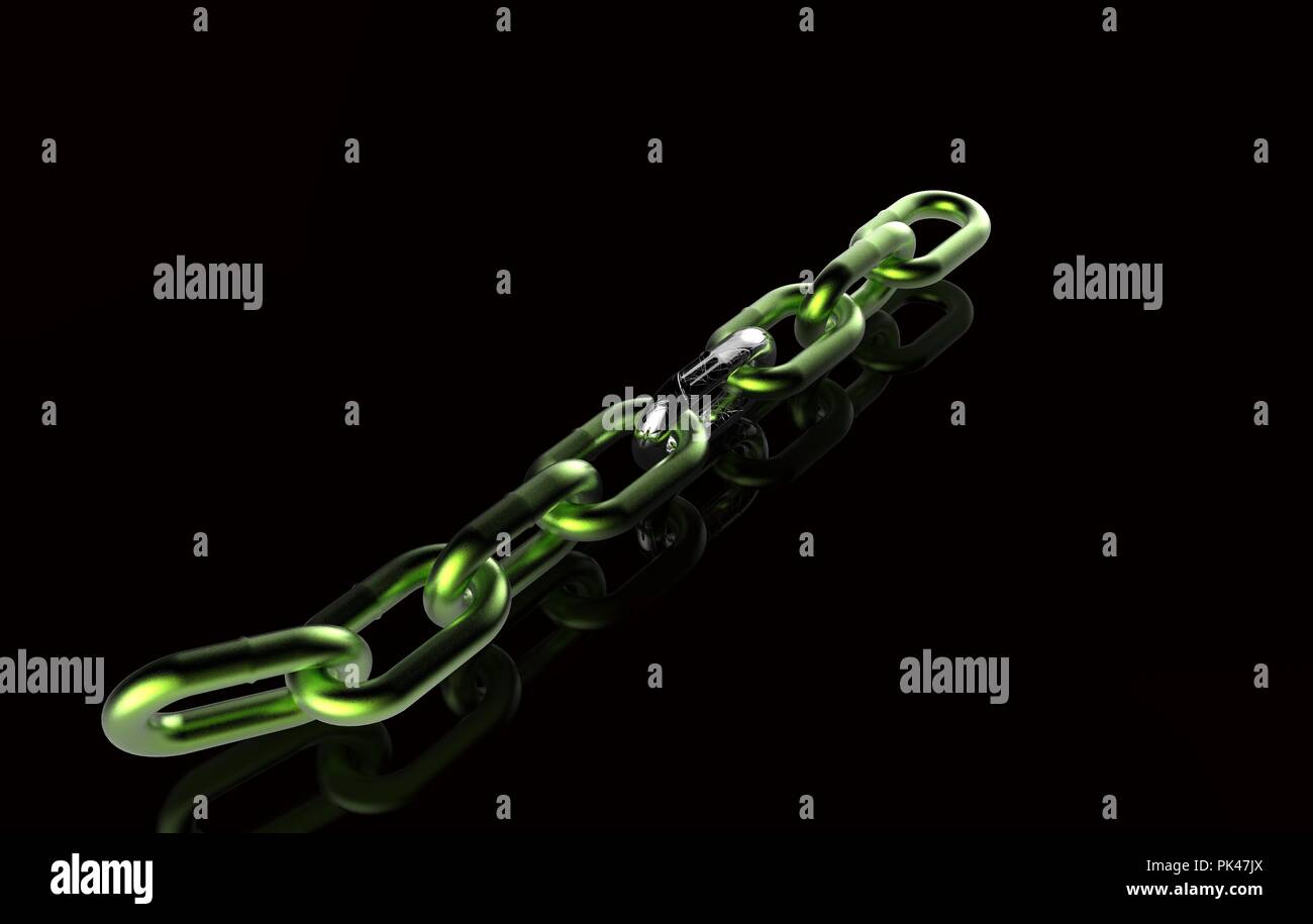 Green metal chain with silver link 3D rendering Isolated on a black ...