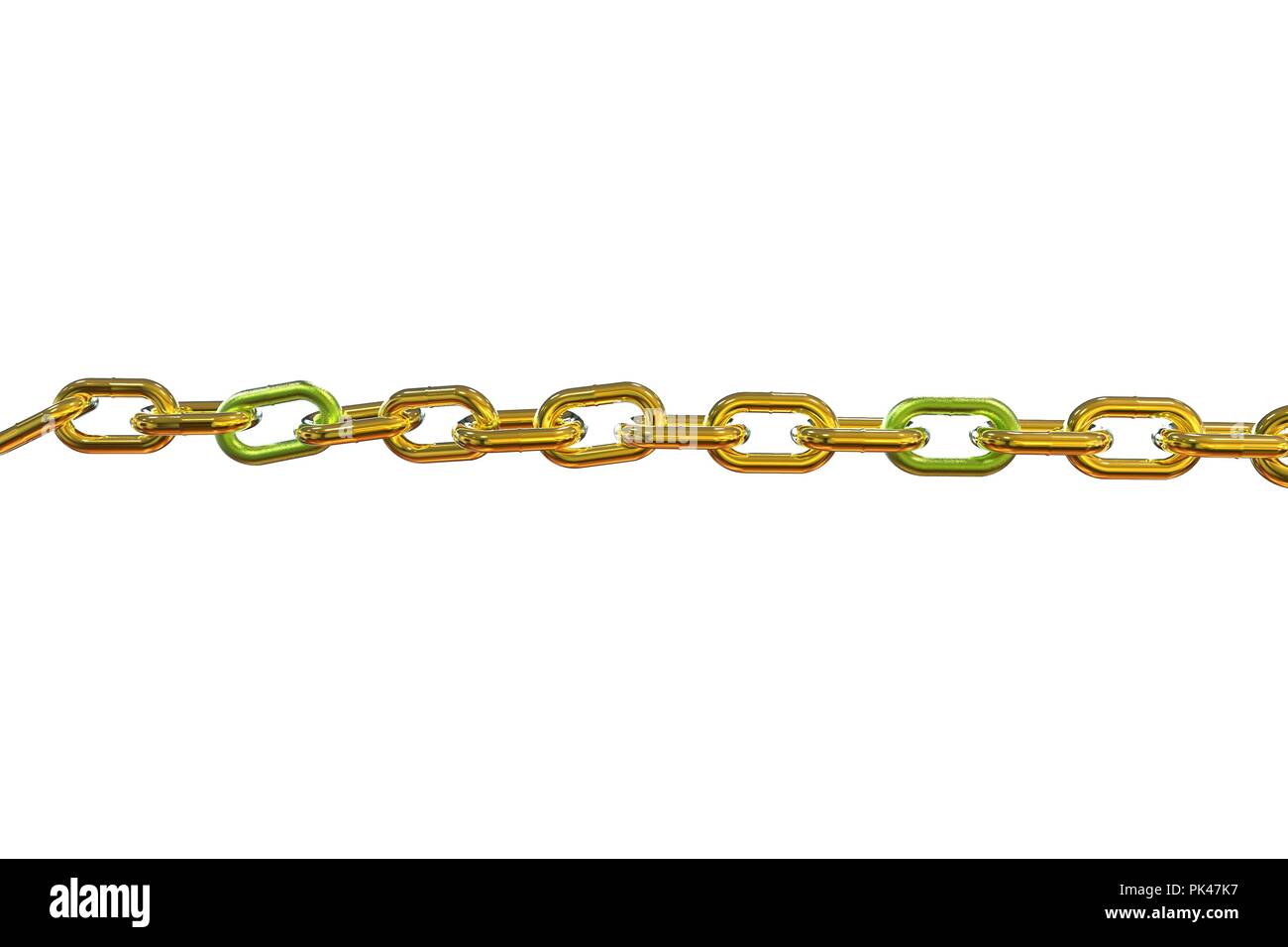 Golden chain with green link 3D rendering Isolated on a white ...
