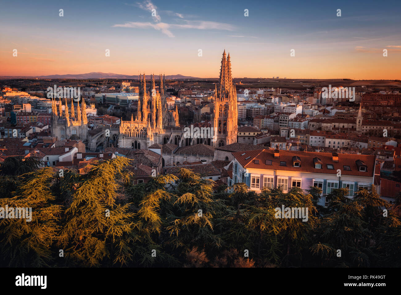 Burgos Cathedral and city panorama at sunset. Burgos, Castile and Leon ...