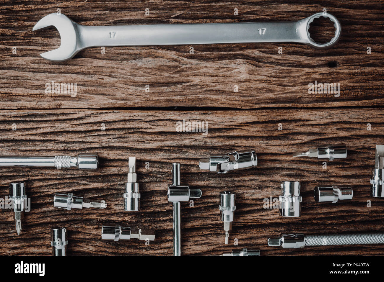 working tools on wooden table background close up,color effect Stock ...
