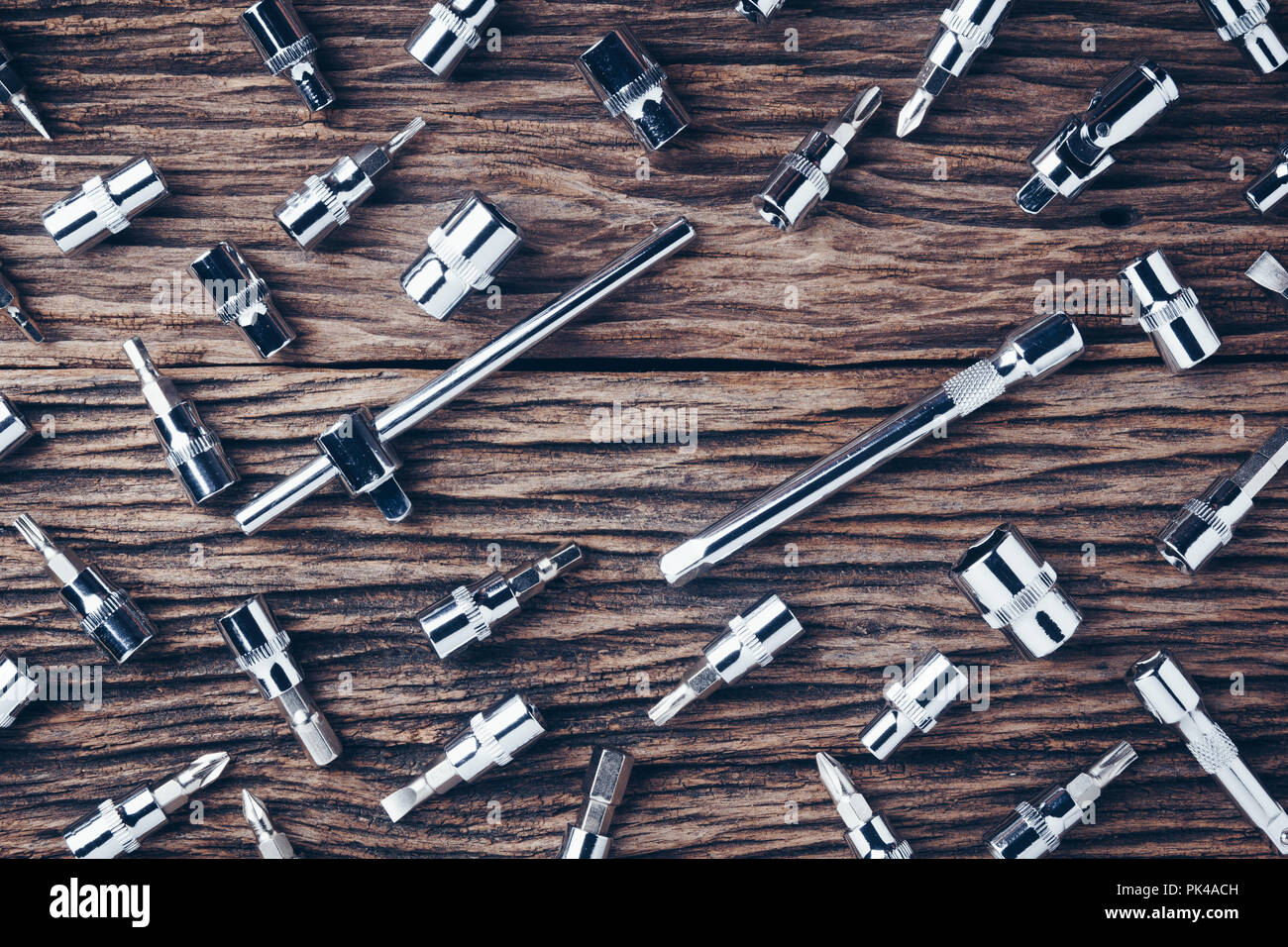 working tools on wooden table background close up,color effect Stock ...